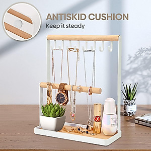Portin Jewelry Organizer Display Stand Holder with Wooden Ring Tray and Hooks Storage Necklaces Bracelets, Rings, Watches Metal Desk Organizer Stand