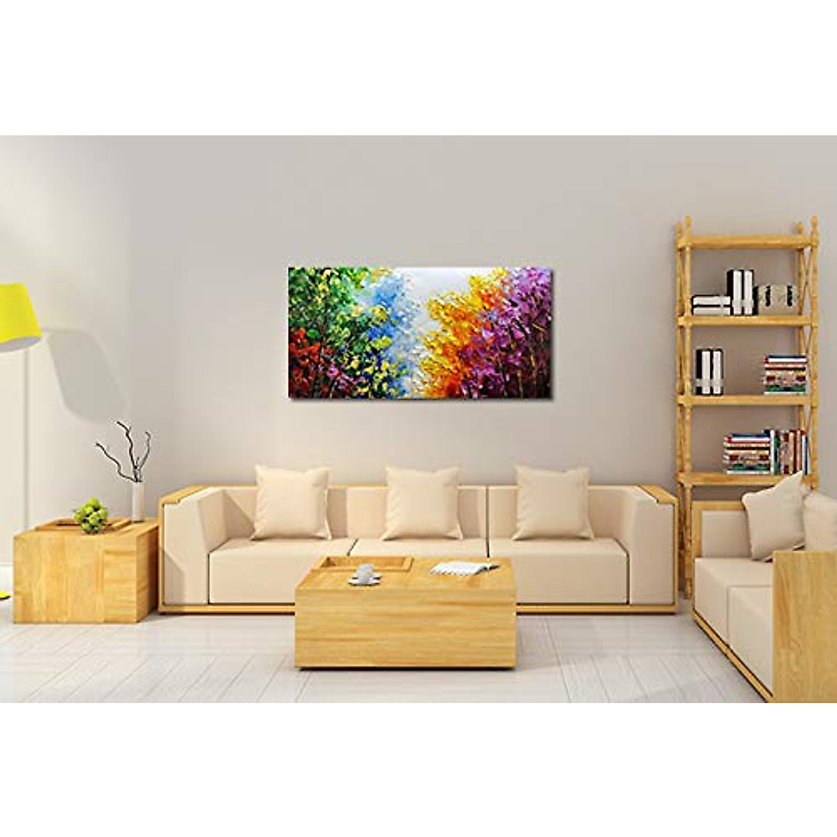 V-inspire Art, 24x48 inch Modern Abstract Oil Painting on Canvas Wall Art 100% Hand Painting Bright-Coloured Tree Art Living Room Bedroom Decoration Ready to Hang