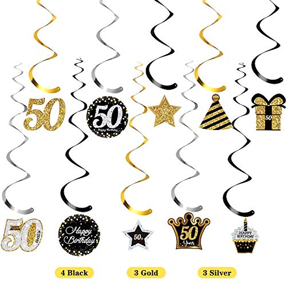 50th Birthday Party Decorations for Men Women 50 Years Cheers Birthday Party Hanging Swirls Gold Glitter Happy Birthday Decorations Celebration Old Party Supplies Ceiling Decor, 30CT