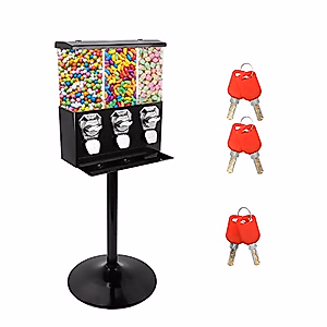IRONWALLS Commercial Candy Vending Machine with Stand, Black Capsule Toy Gumball Vending Machine for Business, 25 Cent Coin Operated Metal Candy Dispenser Machine with 3 Canisters for Store, Park