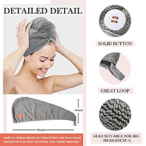 YoulerTex Microfiber Hair Towel Wrap for Women, 2 Pack 10 inch X 26 inch Super Absorbent Quick Dry Hair Turban for Drying Curly Long Thick Hair (Gray)