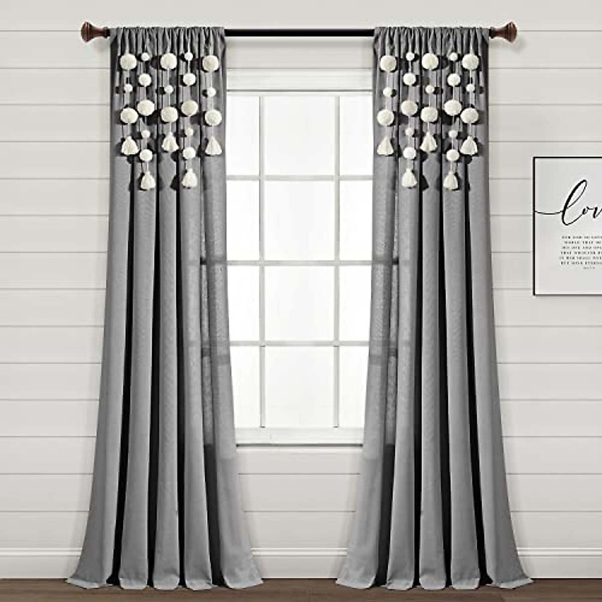Lush Decor Boho Pom Pom Tassel Linen Window Curtain Panel (Single Panel), 84" L x 52" W, Dark Gray