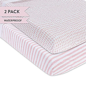 Ely's & Co. Patent Pending Waterproof Changing Pad Cover Set | Cradle Sheet Set by Ely's & Co no Need for Changing Pad Liner Mauve Pink Splash & Stripe 2 Pack for Baby Girl