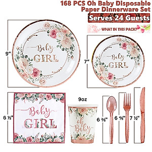 Girl Baby Shower Decorations, Floral Baby Girl Baby Shower Party Supplies Tableware Set for Your Little Princess, Rose Gold Baby Shower Plates and Cups and Napkins Set with Utensils -Serve 24
