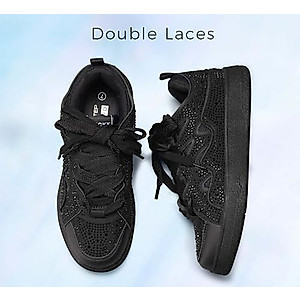 LUCKY STEP Women's Sparkle Rhinestone Fashion Sneakers Walking Tennis Bling Glitter Roaring Shoes Platform Lace up Casual Mesh Sneaker(Black Rhinestone,8.5)