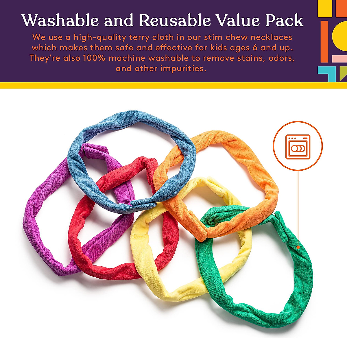 Special Supplies Chew Necklaces for Sensory Kids Boys and Girls, 6 Bands, Soft and Super Absorbent Terry Cloth, Shirt and Clothing Oral Stimulation Alternative, Reusable and Washable