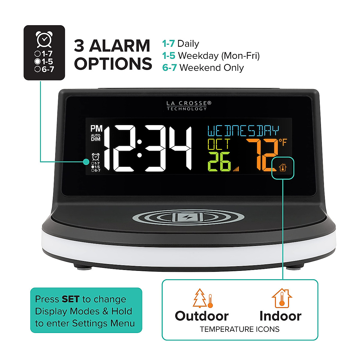 La Crosse Technology 617-84947-INT Wireless 5W Charging Alarm Clock with Glowing Base and Outdoor Sensor