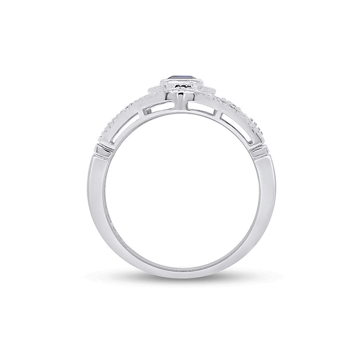 AFFY 10K Solid White Gold Vintage Style Cushion & Round Simulated Sapphire & White Natural Diamond Engagement Ring Size 7