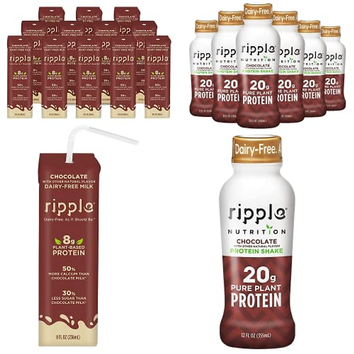 Ripple Vegan Protein Shake, Chocolate 12 Fl Oz (12 Pack) & Ripple Vegan 8 oz Dairy-Free Milk, Chocolate (12 Pack) | 24 Pack