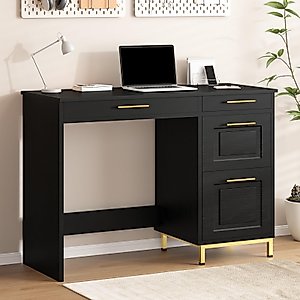 4 EVER WINNER Black Desk with Drawers, 43” Home Office Desk with Storage, Golden Handle for Bedroom, Black and Gold Desk Study Writing Desk for Small Space, Black