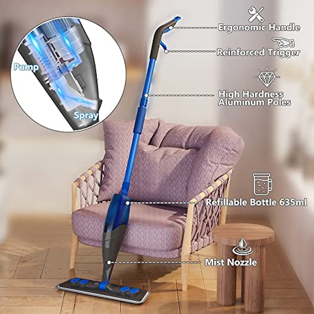 Spray Mops for Floor Cleaning- Floor Mop Microfiber Flat Mop Wet Dry Dust Mop with Refillable 635ML Bottle 4 Washable Pads Sprayer for Hardwood Floor Laminate Tiles Wood Ceramic Vinyl Home Kitchen