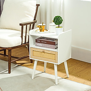 RKVPCNE Rattan Nightstand Night Stands Bedside Table, Boho Nightstands Natural Wood Nightstand End Tables with Solid Wood Legs & Drawer, Open Storage Shelf Side Tables Bedroom Small Space, White