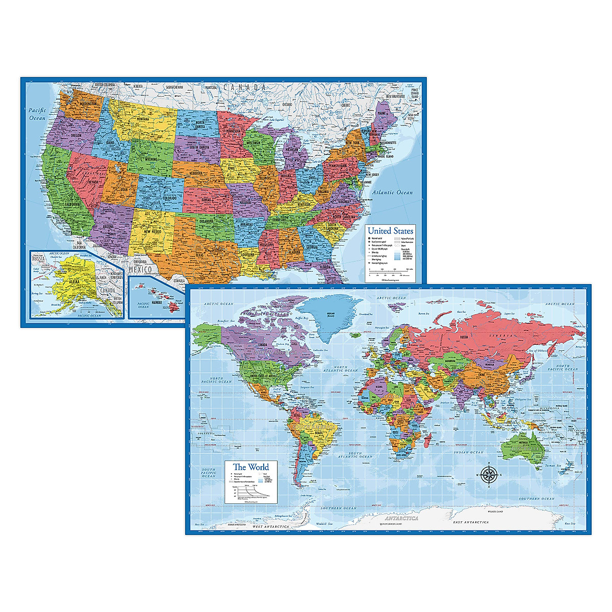Laminated World Map & US Map Poster Set - 18" x 29" - Wall Chart Maps of the World & United States - Made in the USA (LAMINATED)