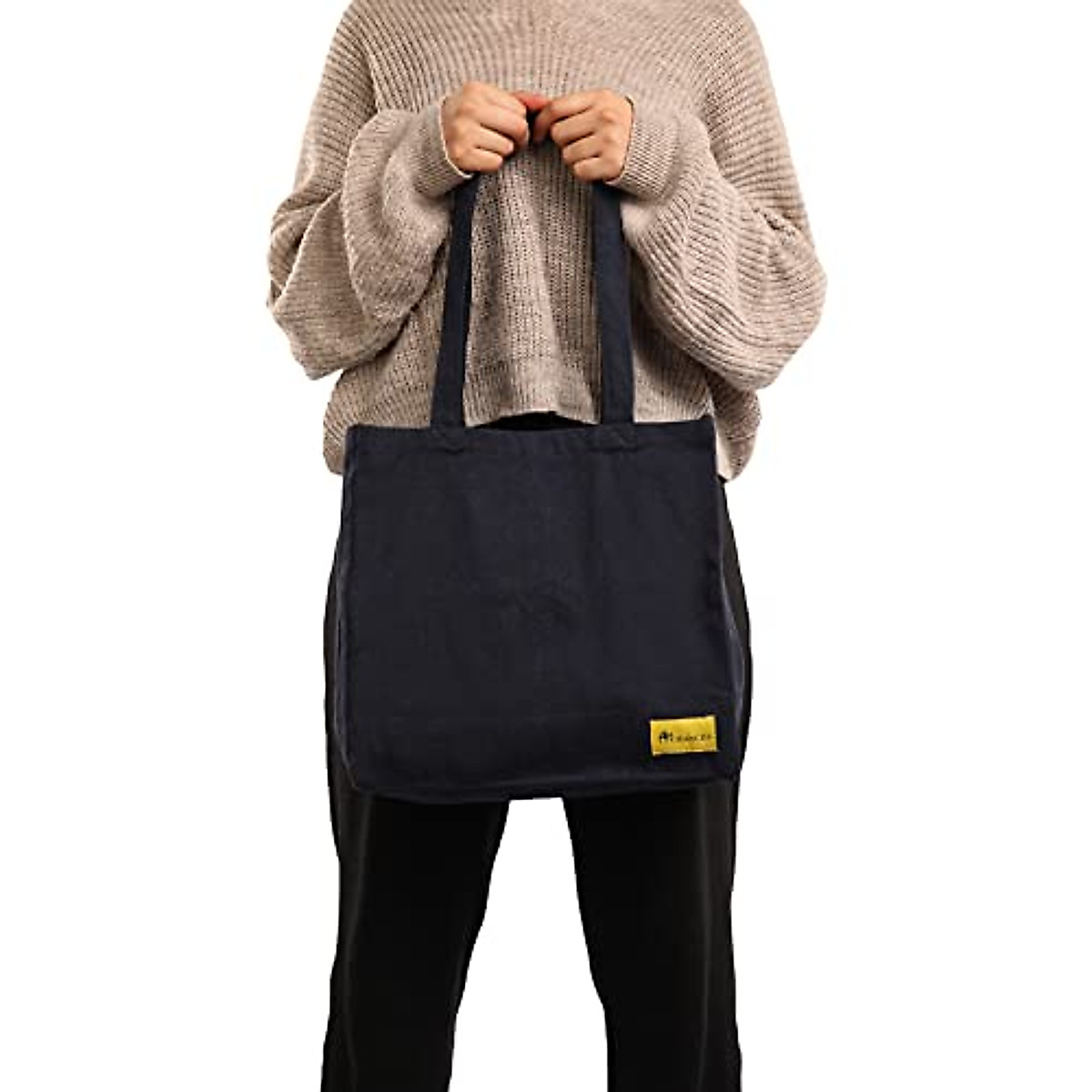 JOORY Premium Cotton Canvas Tote Bag with 6 Internal Pockets – Washable Heavy-Duty Cotton Canvas Bag with Reinforced Stitching Dark Blue