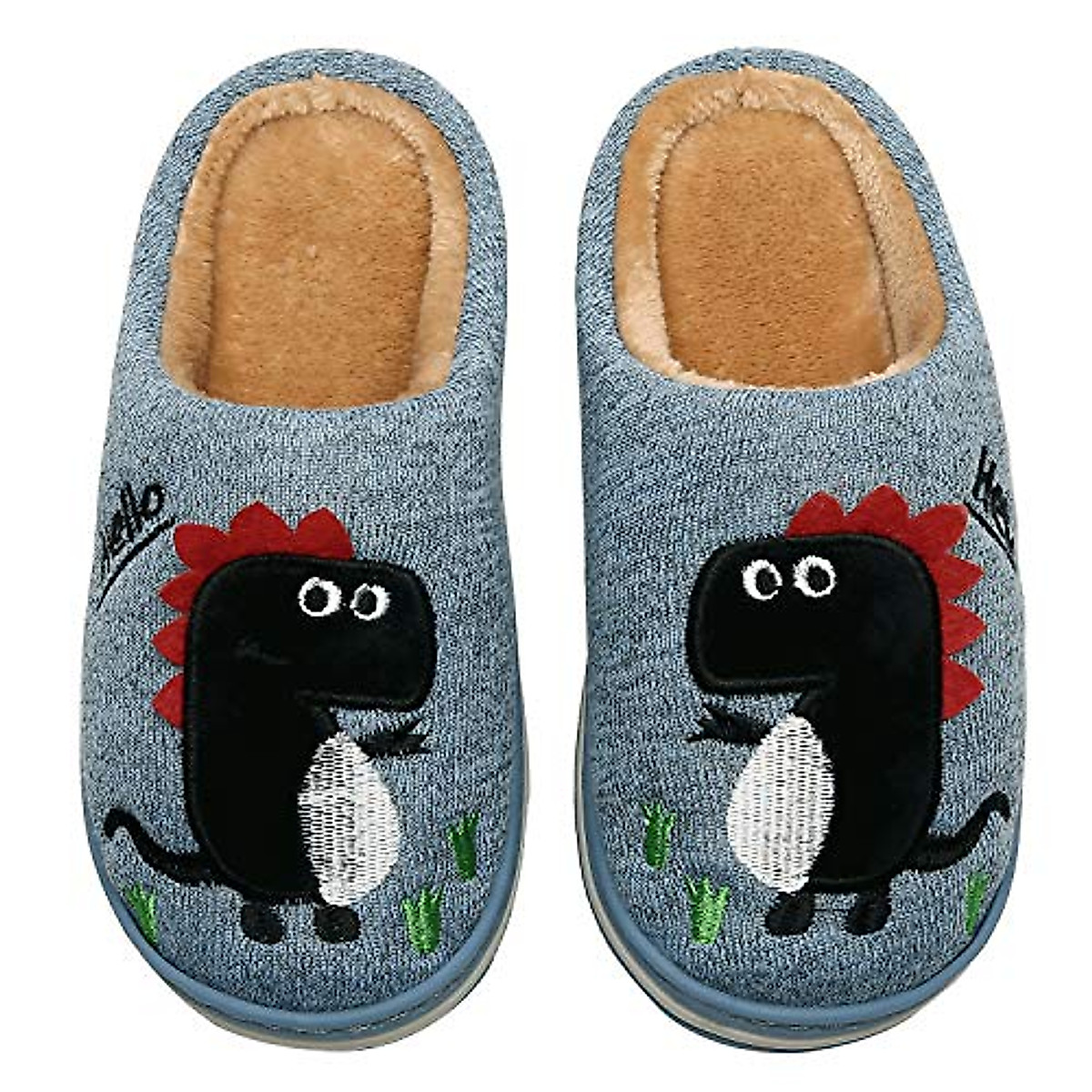 INMINPIN Boys Girls Cozy House Slippers Warm Plush Winter Cotton Slipper Kids Cute Dinosaur Indoor Shoes Non-Slip,Blue,1/2 Big Kid