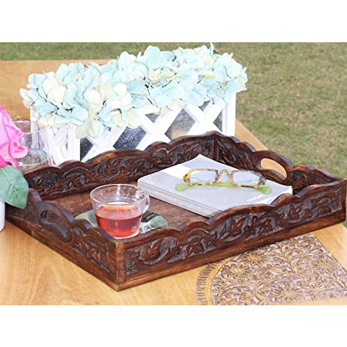 Hand Carved Wooden Serving Tray - Decorative Breakfast Tray with Handles - Rustic Wooden Food Tray with Intricate Detail - Unique Furnishing Accent - Natural Finish - 17 x 13 x 2.5 Inch - COTTON CRAFT