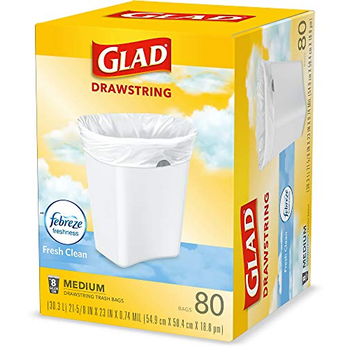 Glad Trash & Food Storage Medium Kitchen Drawstring Trash Bags 8 Gallon White Trash Bag, Fresh Clean Scent, 80 Count (Package May Vary)