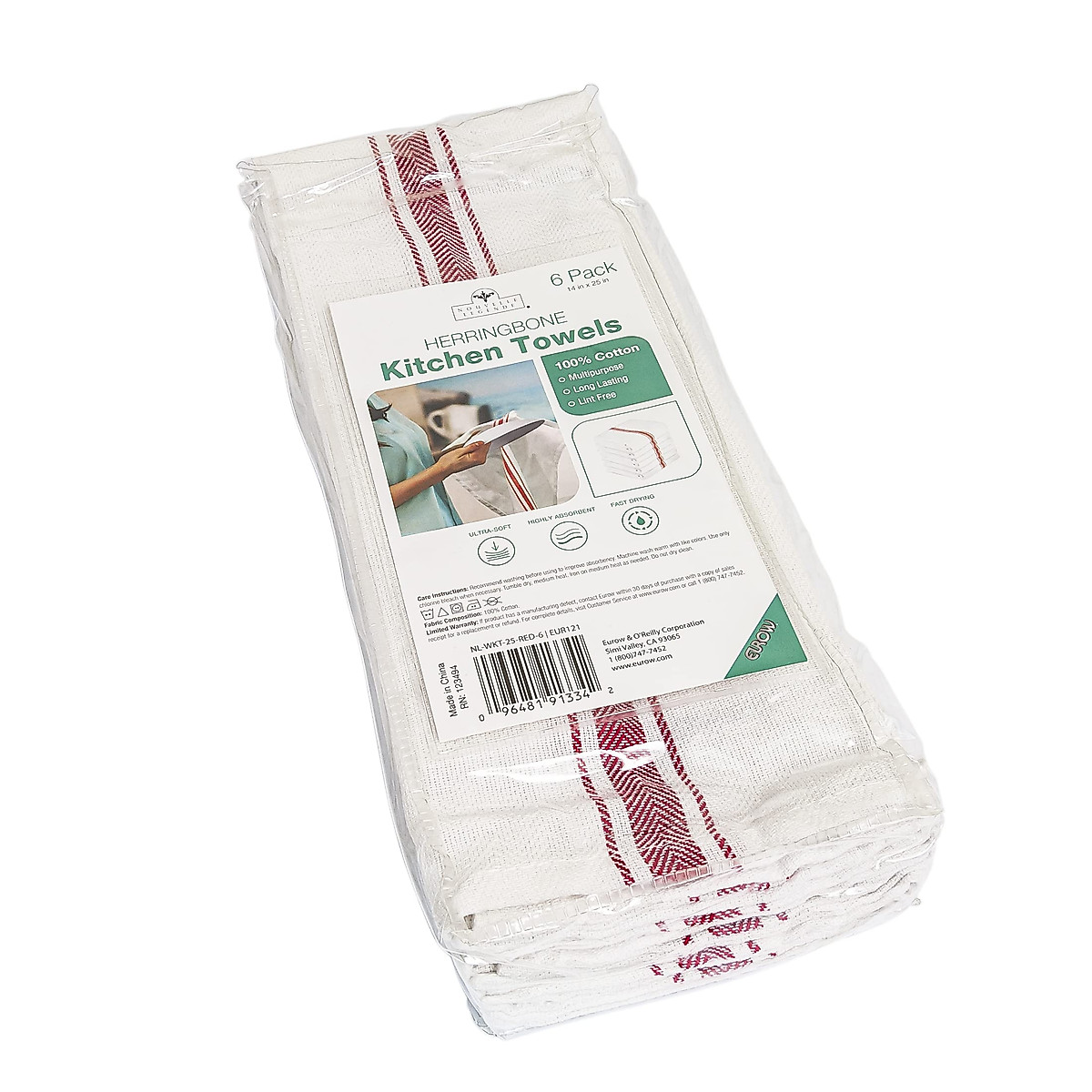 Nouvelle Legende Cotton Kitchen and Dish Towels, 14.75 x 24.5 Inches, White with Red Herringbone Stripes, 6 Pack