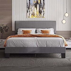 Lifezone Queen Bed Frame with Headboard,Linen Upholstered Bed Frame with Wood Slats Support,No Box Spring Needed,Heavy Duty Feet,Easy Assembly,Light Grey