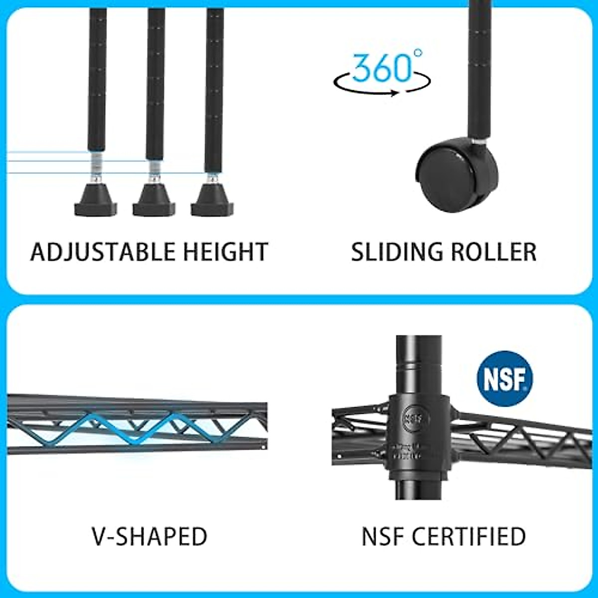 24/7 Shop at Home Rex Industrial 5 Tier Wire Shelving Rack with Wheels, Adjustable Shelves and NSF Certified, Metal Storage Shelves for Kitchen, Office, Garage, Basement, Laundry Room, Black