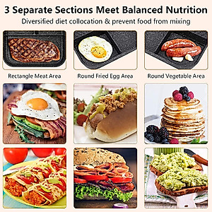 JUSTUP Nonstick Egg Frying Pan, 3-in-1 Nonstick Pan Divided Grill Frying Pan, Heat Resistant Handle 3 Section Skillet Mini Pancake Pan, Cooking Pan for Breakfast, Egg, Bacon and Burgers, 7.3 in