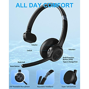 MONODEAL Trucker Bluetooth Headset, Wireless Headset with Microphone ENC Noise Cancelling & Mute Button, 30H Talk Time, Bluetooth 5.2 Headphones for Work, Office, Call Center