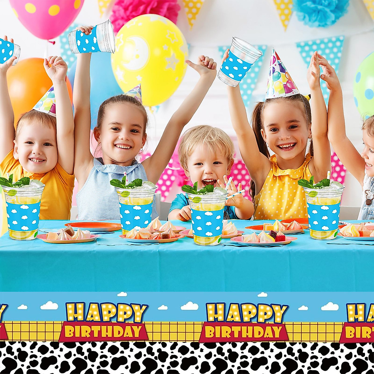 Willinglong 36 Pcs Blue Sky White Clouds Birthday Party Supplies 12 oz Cartoon Story Plastic Thick Clear Cups Disposable Plastic Cups for Birthday Baby Shower Blue Party Decorations