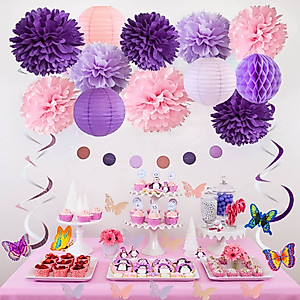 29 PCS Pink and Purple Party Decorations Set, Tissue Paper Pom Poms Paper Lanterns Honeycomb Balls Circle Dots Garland Butterfly Hanging Swirl Butterfly Decorations for Bridal Showers