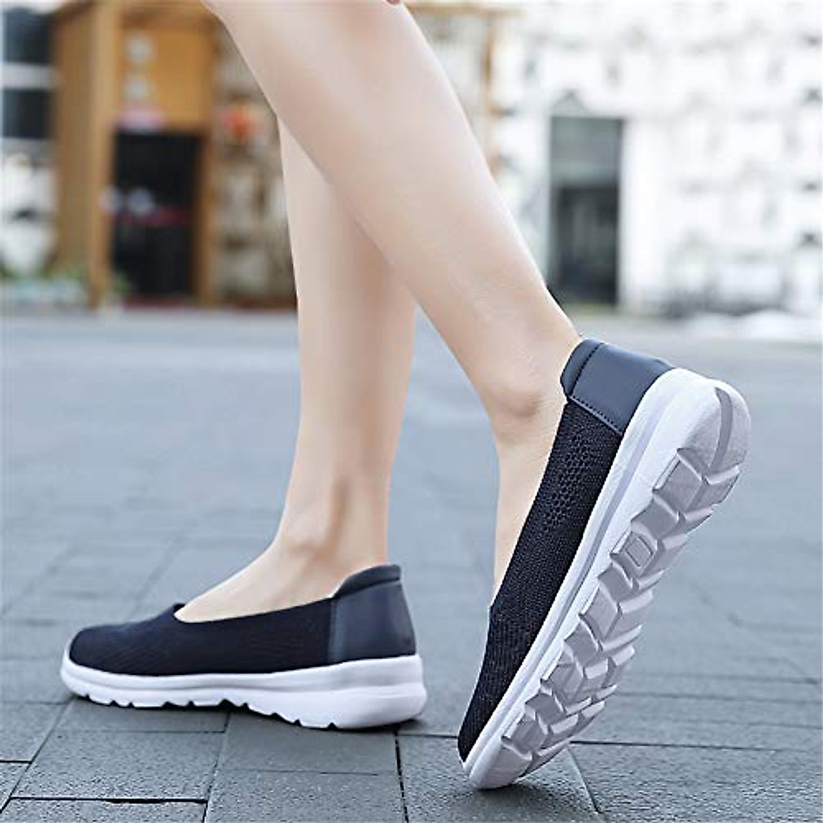 LLTMALL Women's Mesh Slip on Sneakers Comfortable Knit Ballet Flats Shoes Dark Blue 10