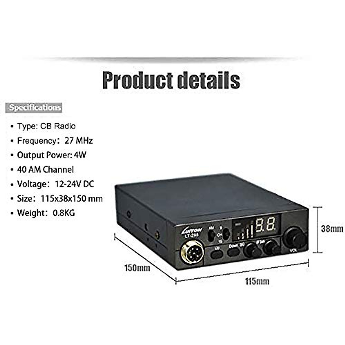 LUITON 40-Channel CB Radio LT-298 Compact Design with External Speaker Jack, Large Easy to Read LED Display Compatible with 12-24V Voltage