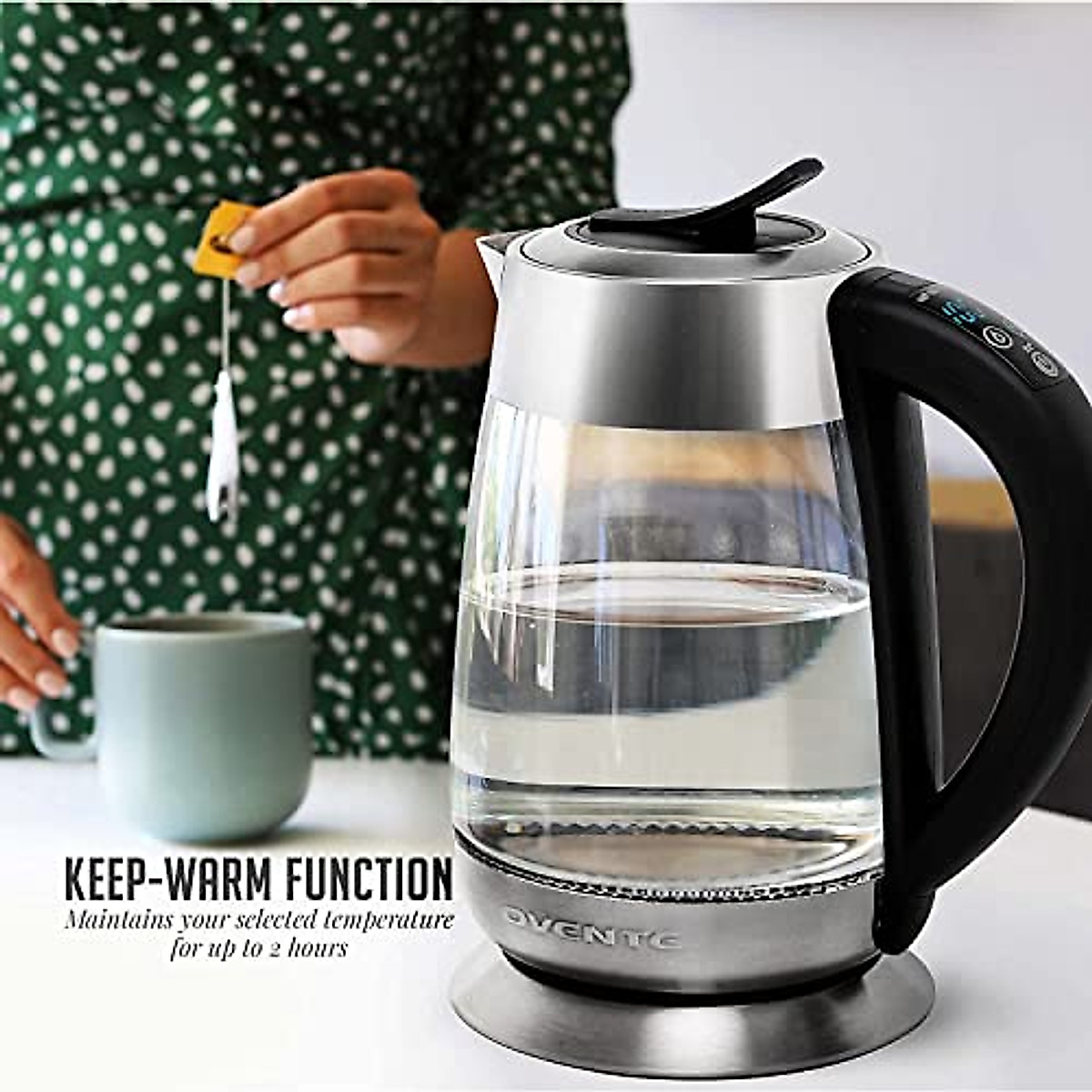 OVENTE Electric Glass Kettle Hot Water Boiler 1.8 Liter BPA Free 1500W, Set Temperature Control, Auto Shut Off, Portable Tea Kettle & Instant Water Heater + Stainless Steel Infuser - KG6610S