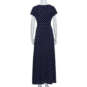 XIMIN Women's Fashion Casual Short Sleeve V-Neck Low Cut Printed Polka Dot Dress Beach Maxi Dress (Navy, Size:M)