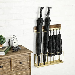 MyGift Wall Mounted Brass Metal Entryway Umbrella Holder and Key Rack Organizer with Solid Wood Accent Backing, 2 Piece Set
