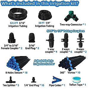 AWOWZ Drip Irrigation Kit, 111.5FT Adjustable Garden Watering System, Patio Misting Plant Watering System with 1/4''Tubing Hose and Drip Connectors, Complete Irrigation System for Raised Garden Bed, Yard,Lawn