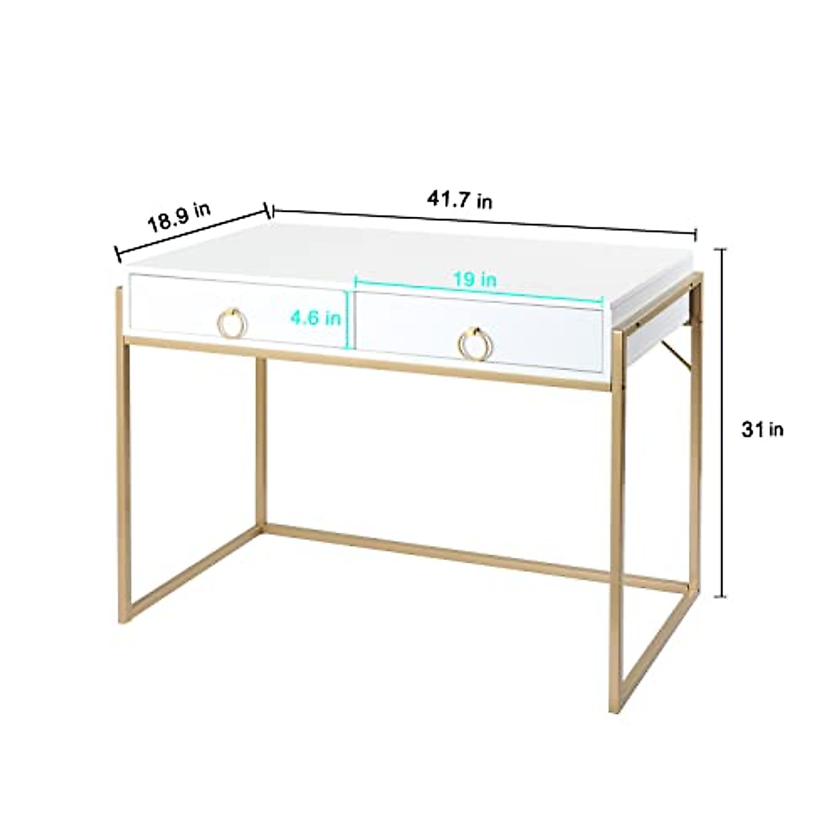 Anmytek Home Office Writing Desk 2 Drawers Storage, Contemporary Makeup Vanity Table Study Desk, W/Matte White and Gold Finish Frame D0003