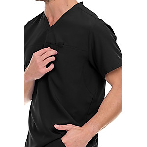 MediChic Men's V-Neck Hi-Low Top with One Chest Pocket and Mesh Gusset, Black, Size Large
