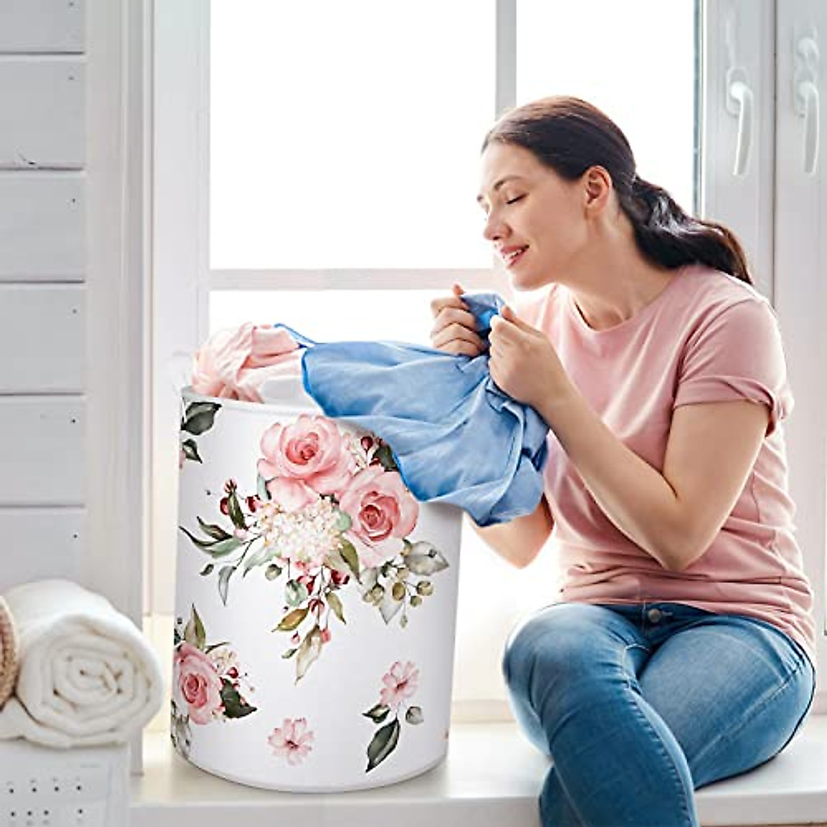 Clastyle 45L Pink Large Flowers Collapsible Laundry Basket with Drawstring Spring Summer Blooming Plant Pattern Laundry Hamper Bedroom Bathroom Waterproof Storage Basket with Handle, 14 * 17.7 in