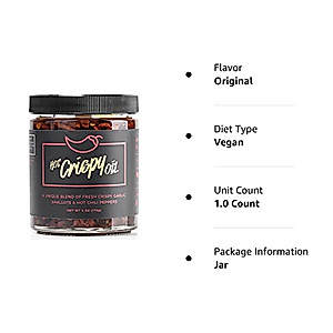 Hot Crispy Oil, An all natural unique blend of fresh fried shallots, fresh garlic and a proprietary blend of three different chili peppers. Highly addictive.