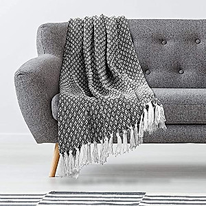 Throw Blanket for Couch in Black and White Mini Diamond 48" x 60" - All Seasons Lightweight Cozy Soft Blankets & Throws for Bed and Sofa - 100% Cotton with Fringe