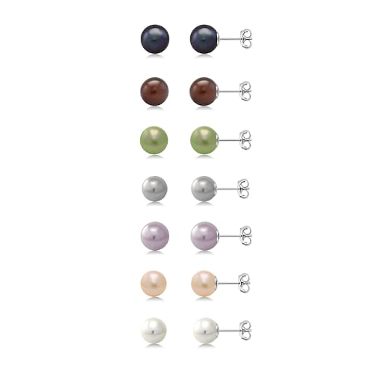 Gem Stone King A Set Of 7 Pairs Of 7mm Cultured Freshwater Pearl Stud Earrings Set In 925 Sterling Silver