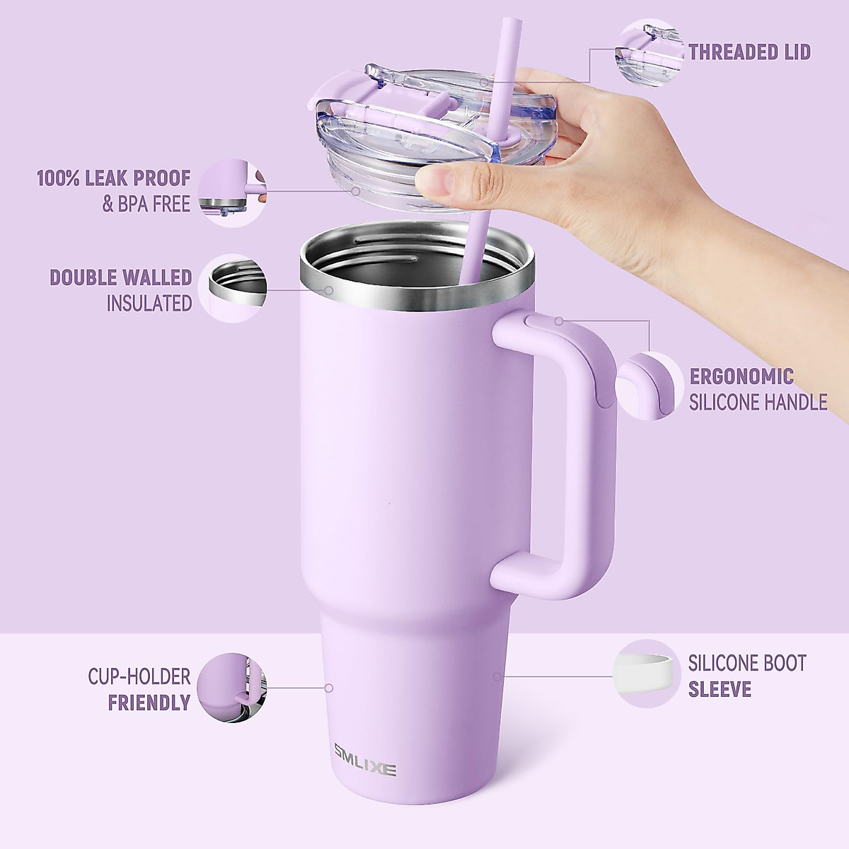 SMLIXE 40 oz Tumbler with Handle and Straw Lid,Insulated Reusable Stainless Steel Water Bottle Travel Mug，Cupholder Friendly Double Wall Vacuum Sealed Cup (Lavender Purple)