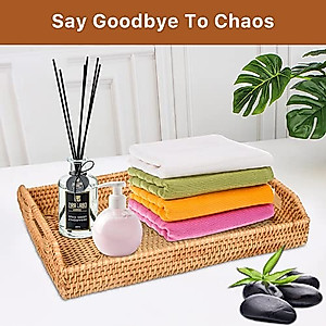 Akamino Rattan Tray with Rattan Coasters - 14.6''x12.2''x2'' Hand-Woven Wicker Basket Tray with Handles for Breakfast, Rectangular Decorative Serving Organizer for Coffee Table, Drinks, Fruit