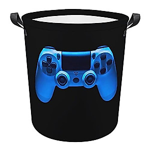 Video Game Joystick Gamepad in Blue Neon Lights Isolated on Black Collapsible Waterproof Laundry Hamper, Lightweight Washing Basket Bin Storage Organizer Bucket with Handles for Toys Clothes