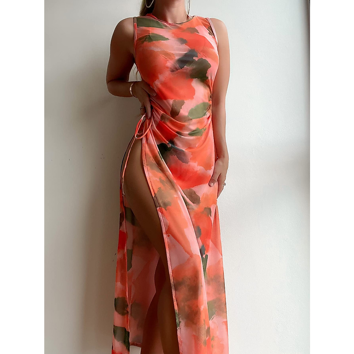 Verdusa Women's Swimsuit Mesh Cover Up High Split Drawstring Bikini Long Dress Multicolored S