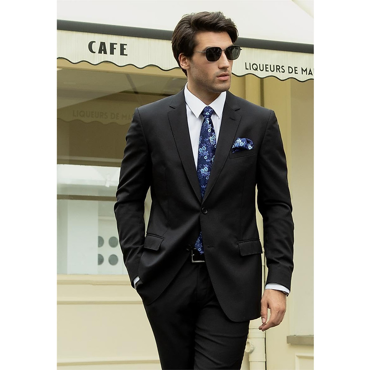 HISDERN Extra Long Floral Paislry Tie Handkerchief Men's Necktie & Pocket Square Set,Blue,2XL, 70 inches length