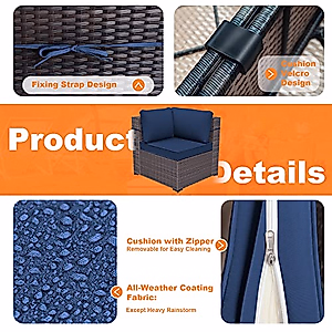 Delnavik Patio Furniture Set with Fire Pit Table 13 PCS Outdoor Sectional Furniture Outdoor Rattan Patio Conversation Sets with 43in 55,000 BTU Propane Gas Fire Pit Table Glass Table, Navy Blue