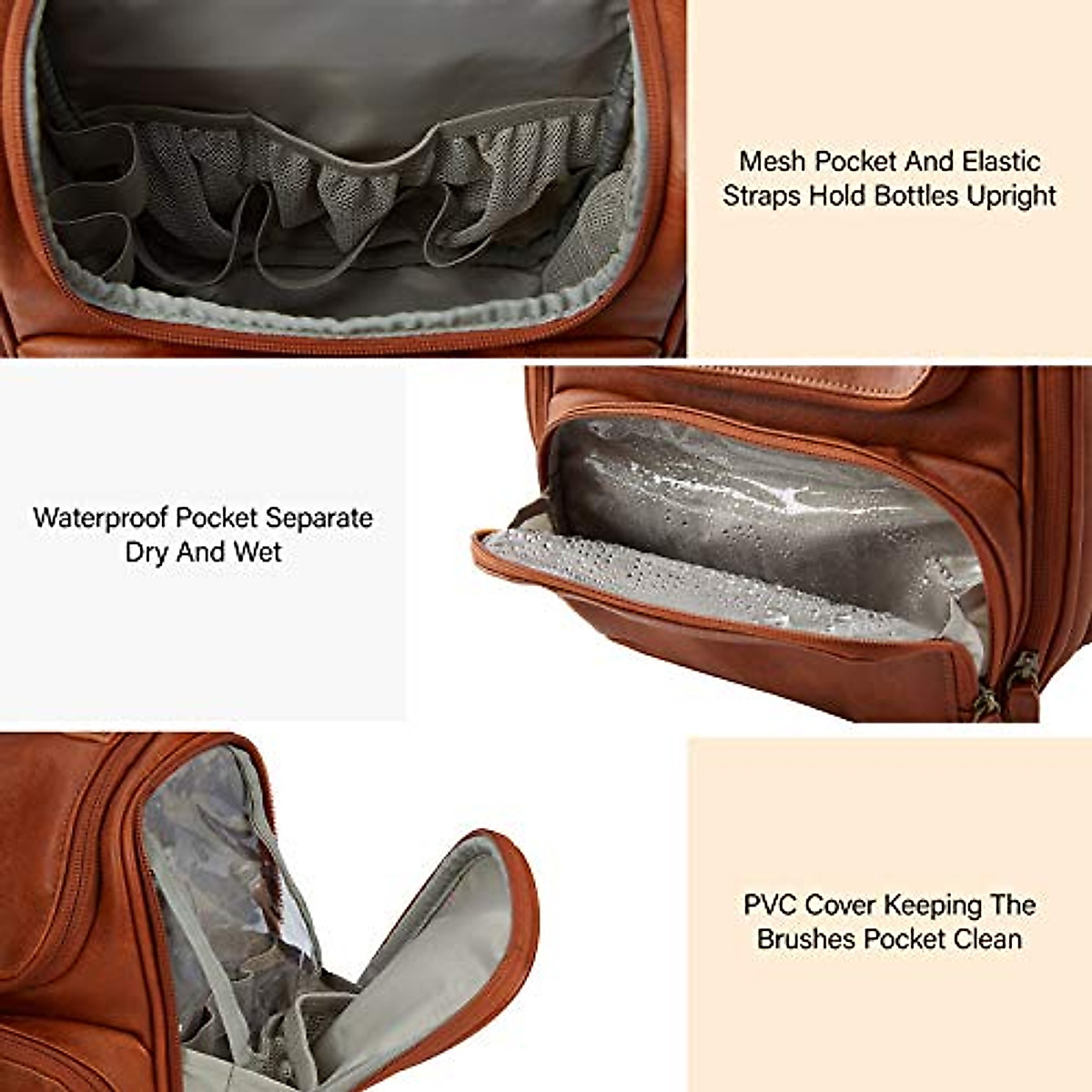 BAGSMART Hanging Toiletry Bag, Water-resistant Leather Dopp Kit, Large Travel Organizer for Full Sized Container, Brown