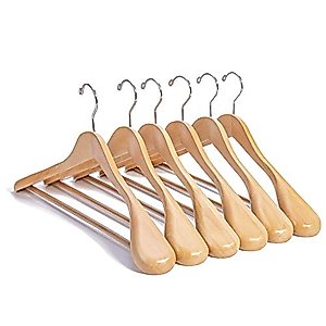 Nature Smile Luxury Natural Wooden Suit Hangers - 6 Pack - Wood Coat Hangers,Jacket Outerwear Shirt Hangers,Glossy Finish with Extra-Wide Shoulder, 360 Degree Swivel Hooks & Anti-Slip Bar with Screw