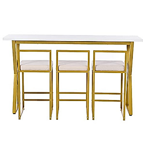 Fashion 4-Piece Counter Height Dining Table Set,Extra Long Console Bar Dining Table Set with 3 Padded Stools,Gold Metal Frame Kitchen Set for Small Places,Dining Area,Kitchen,Breakfast Nook,Home Bar.
