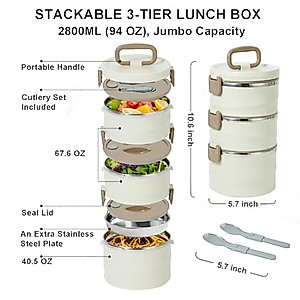 Lille Home Stackable Stainless Steel Thermal Compartment Tiffin Lunch/Snack Box, 3-Tier Insulated Bento/Food Container with Lunch Bag and Utensils, 88 OZ (Beige)